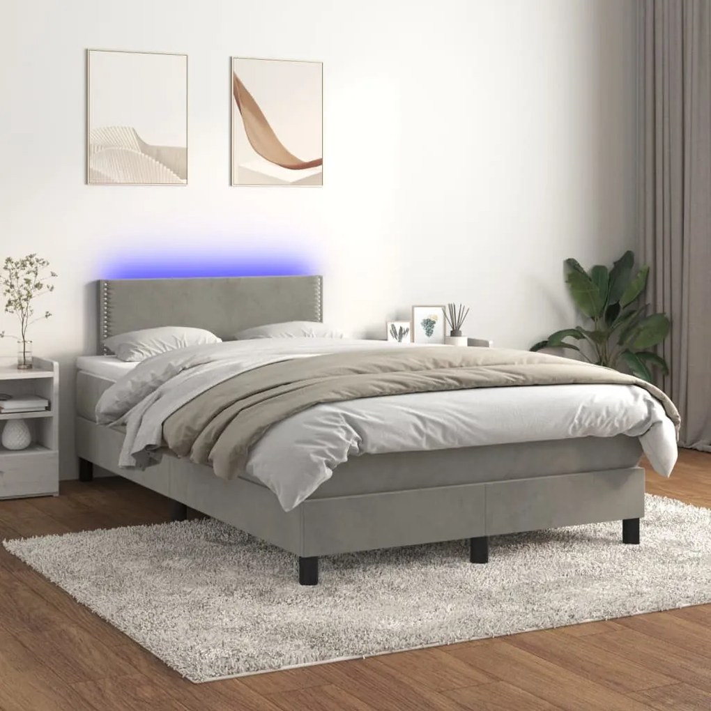 Box spring postel s matrací a LED světle šedá 120x200 cm samet