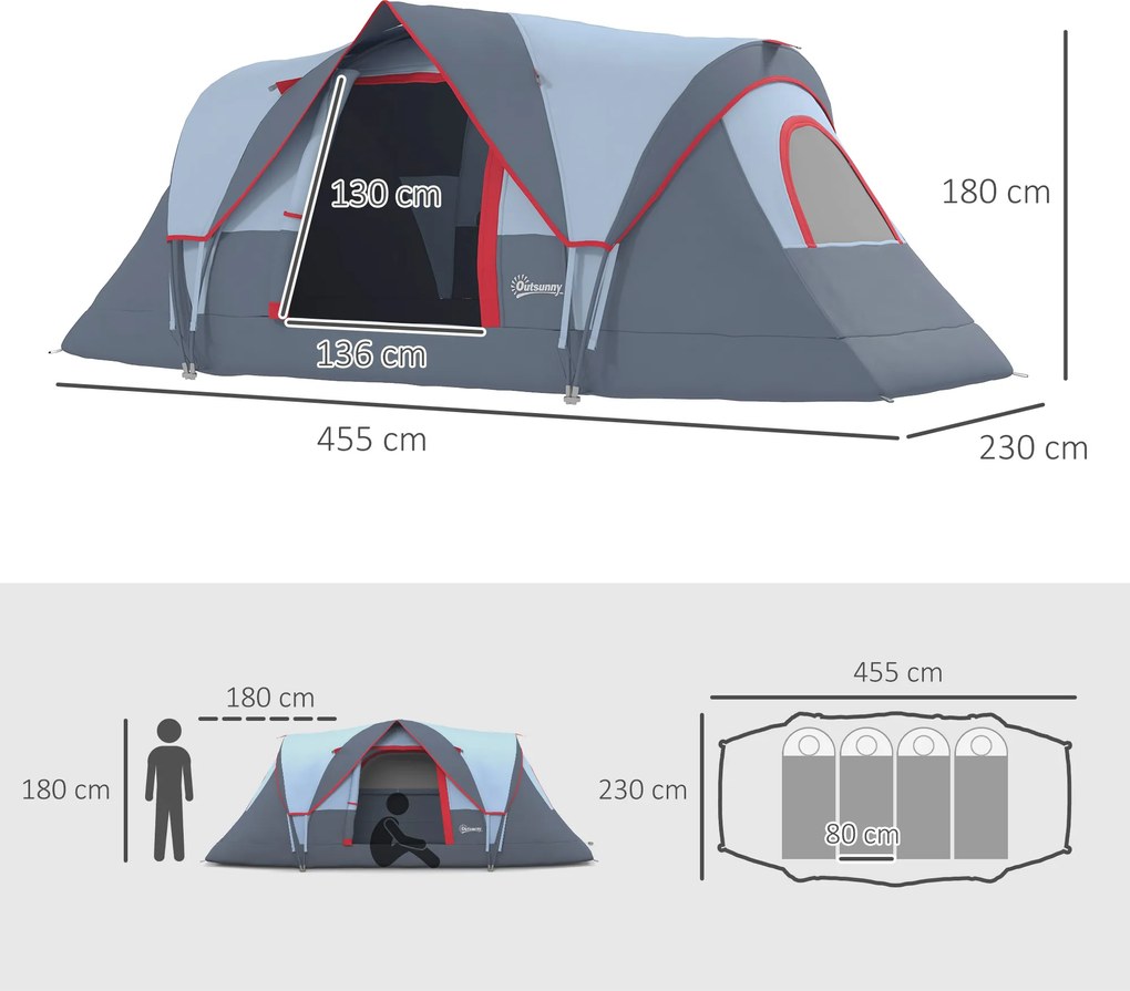 Kempinkový stan pro 5-6 osob stabilní nepromokavý rodinný stan s vchodovým oknem balicí taška, stan s 3000mm vodním sloupcem tunelový stan kopulový s…