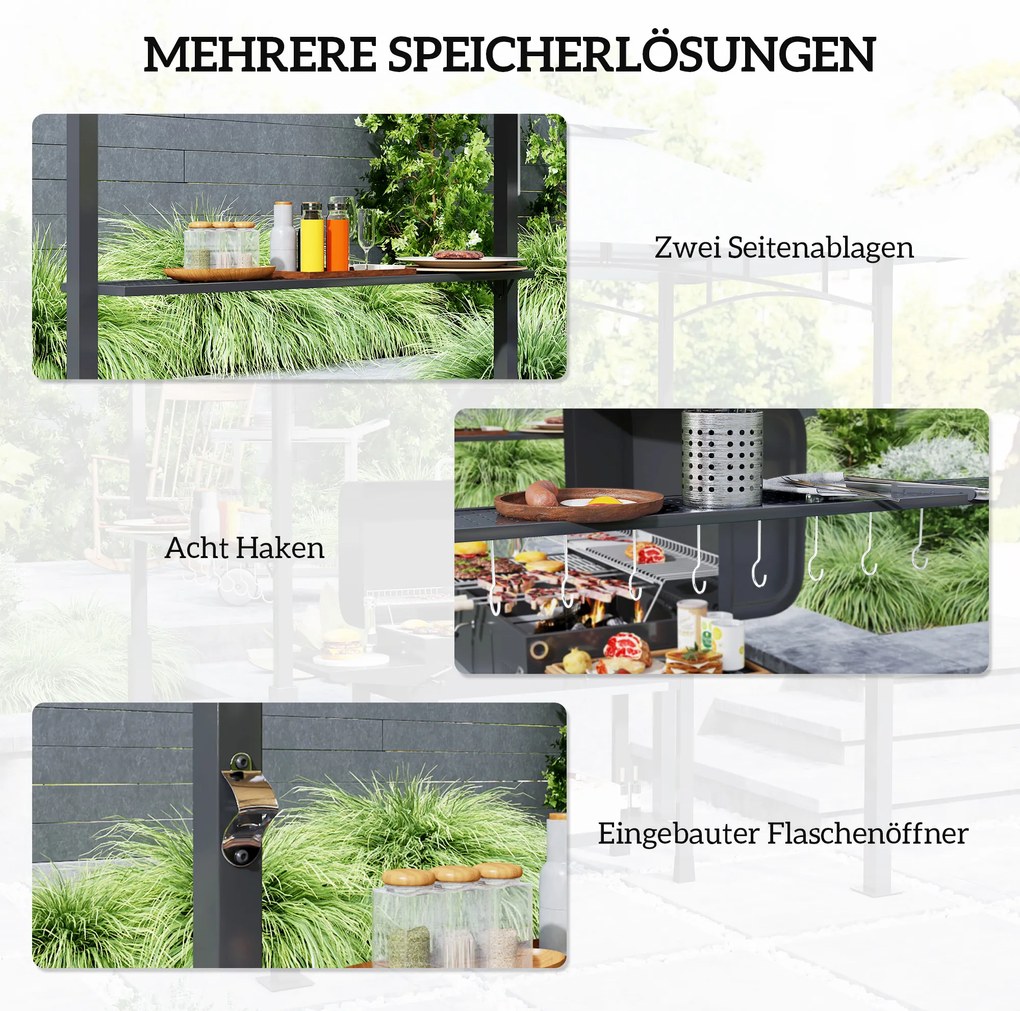 Grillpavillon, Gartengrillzelt mit Gewürzregalen, LED-Beleuchtung, Metall, Kunststoff, 243L x 148B x 248H cm, Grau