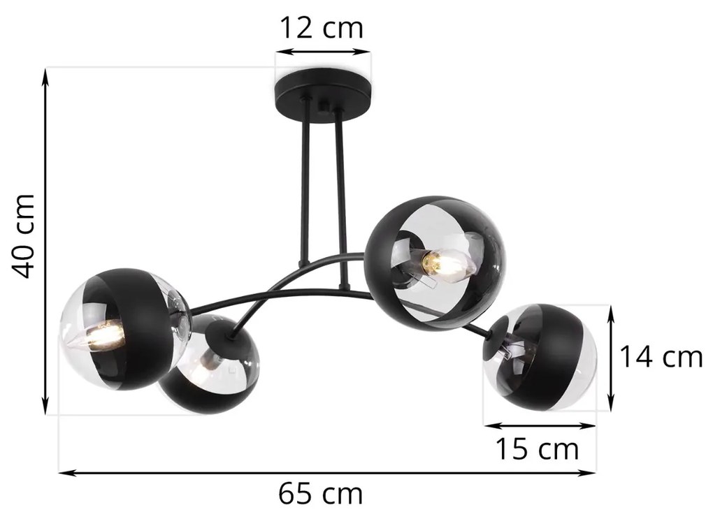 Stropní svítidlo Toledo, 4x černé/transparentní skleněné stínítko, B