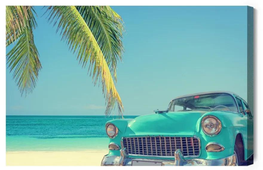 Obraz Retro Auto Na Tropické Pláži Nedostatek Nedostatek Plátno Canvas 70x50