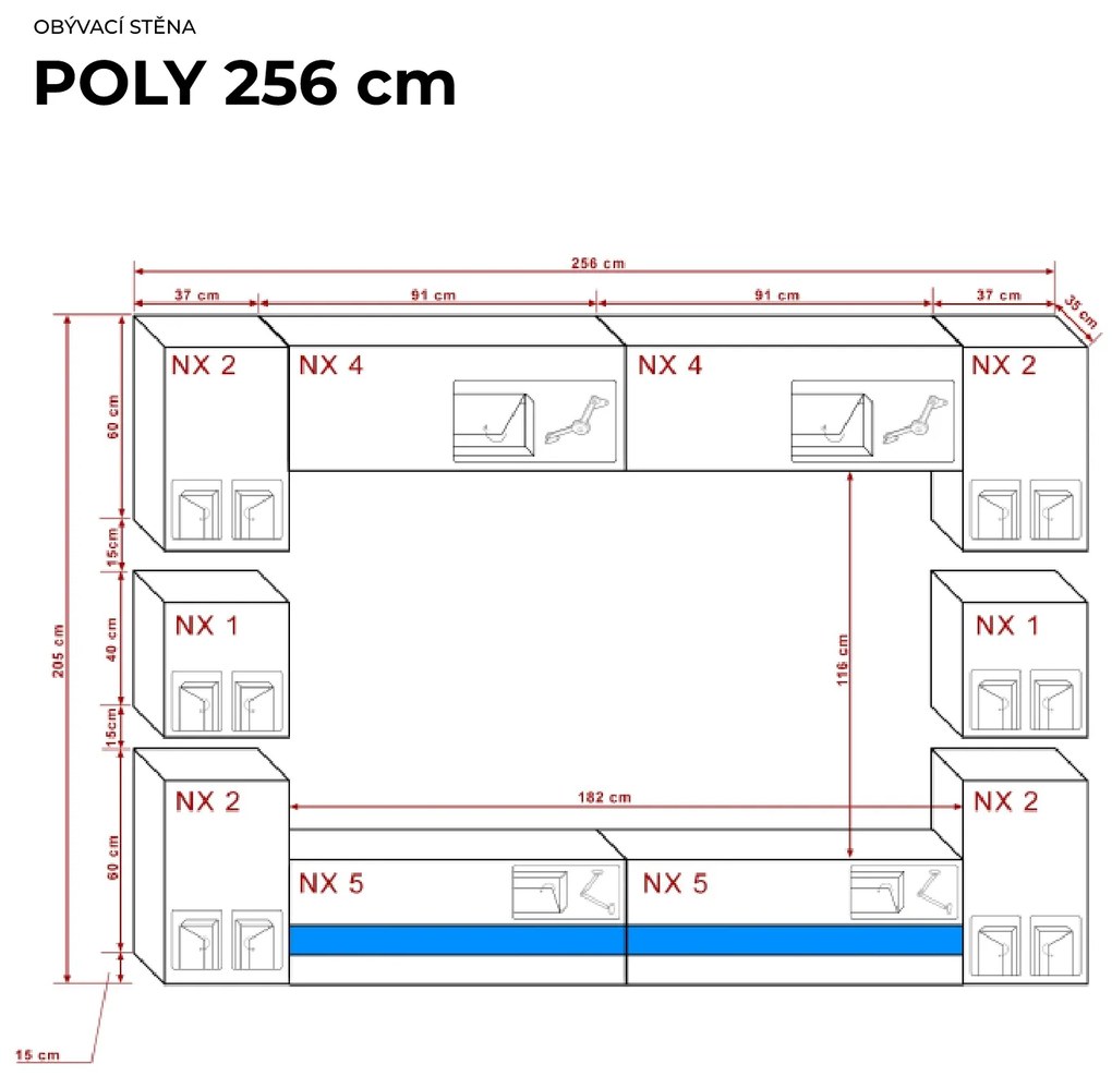 Ral Obývací stěna POLY 4, 256 cm - Bílý lesk