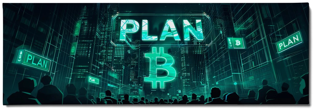 Obraz na plátně - Bitcoin Plan B city FeelHappy.cz Velikost obrazu: 120 x 40 cm