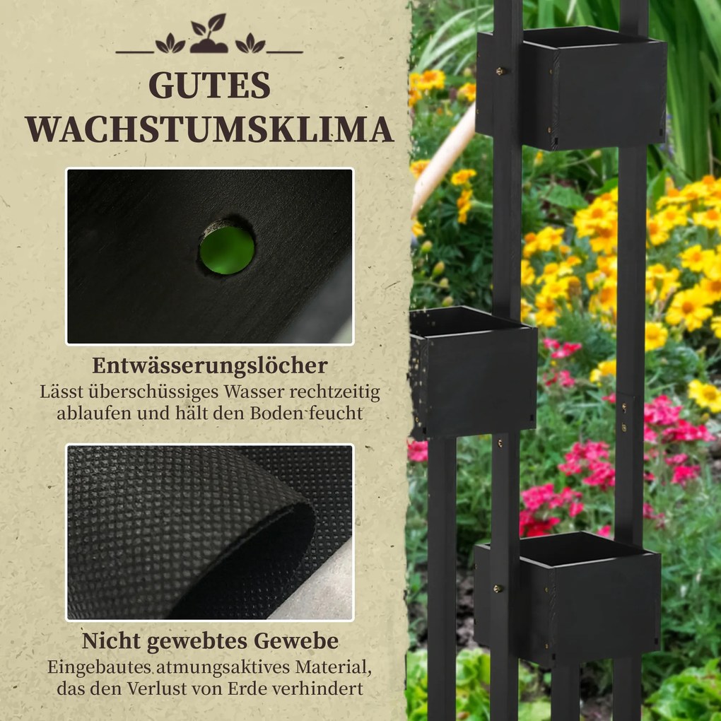 Outsunny Kombinovaný truhlík na květináče, modulární design, stojící rám, přírodní dřevo, černá barva, 90 x 45 x 170 cm