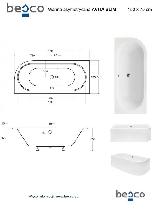 BESCO Asymetrická vana AVITA SLIM Nožičky k vaně - S nožičkami, Rozměr vany - 170 × 75 cm, Způsob provedení - Pravé - VANAVIT170SLIMP+OLVPINOZ