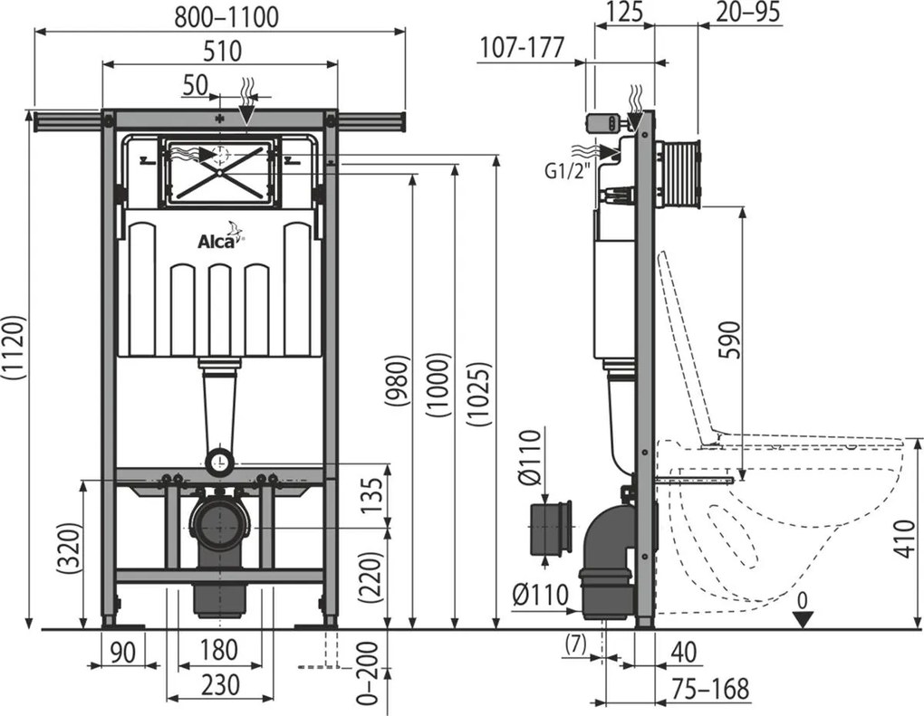 Alcaplast AM102/1120 Jádromodul komplet do bytových jader se závěsným WC RIMLESS Sapho AVVA 100315 s integrovanou baterií a bidetovou sprškou
