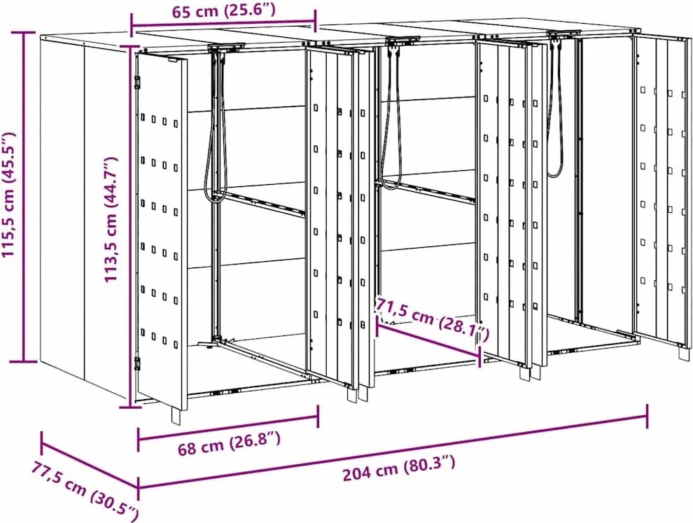 vidaXL Úložný box na 3 popelnice Antracit 340 x 77,5 x 115,5 cm Ocel [3394779]