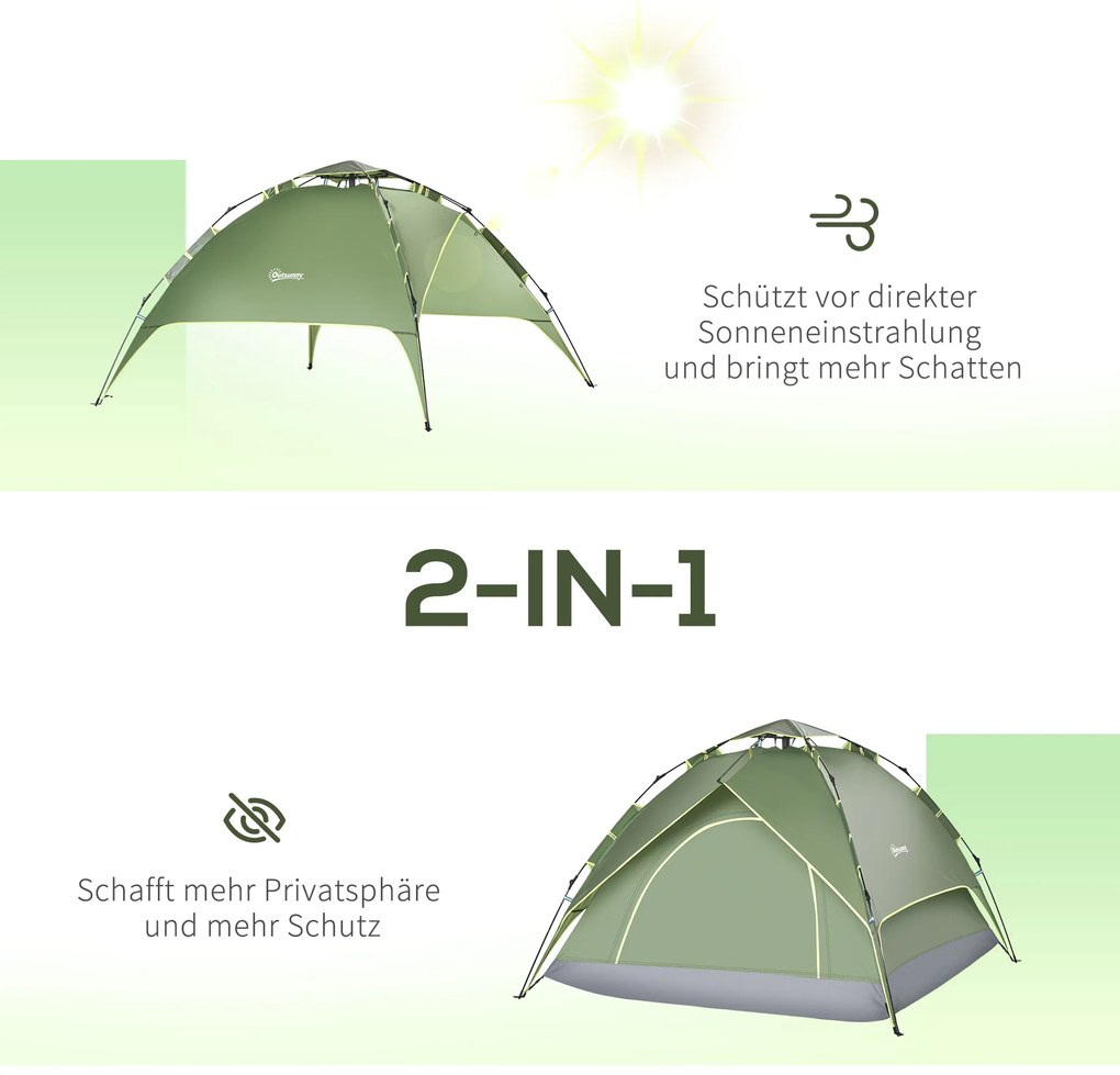 Outsunny kempinkový stan pro 2 dospělé + 1 dítě, nepromokavý, 4 roční období, 210x210x140cm, ideální pro venkovní dobrodružství