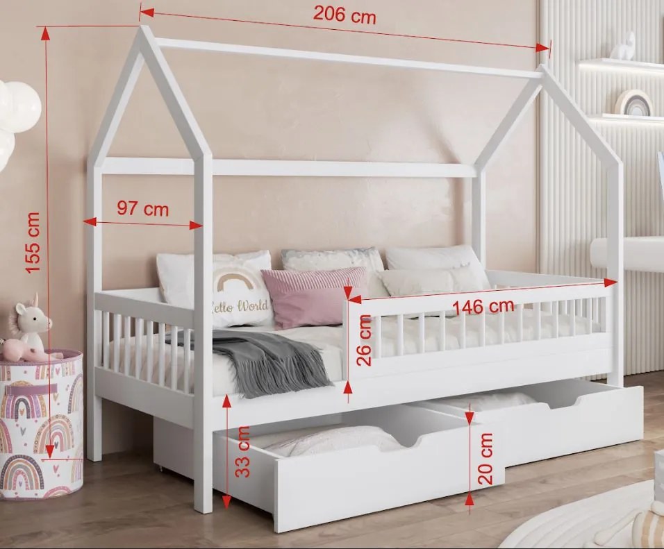 Dětská domečková postel z masivu borovice GAJA se šuplíky - 200x90 cm - bílá