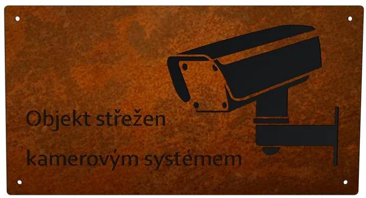 Informační cortenová cedule - objekt střežen kamerovým systémem s černým podkladem Velikost: 40 x 20 cm (XL), Text: SLOVENSKY