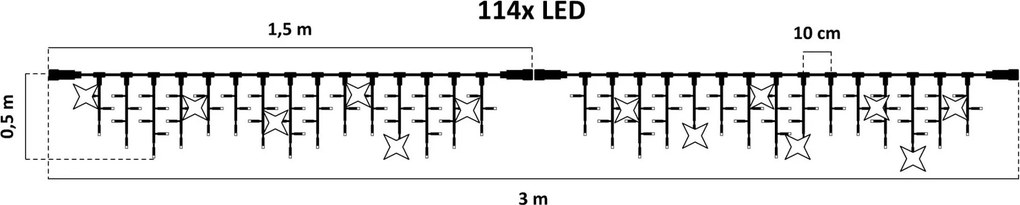 Easy Fix venkovní LED rampouchy, světelné, 300 × 50 cm, teple bílá s FLASH, 114 diod, černý kabel, IP67, prodlužovací