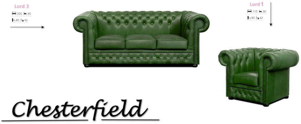 FN Sedací souprava Chesterfield Lord 3+1+1 kůže zelená