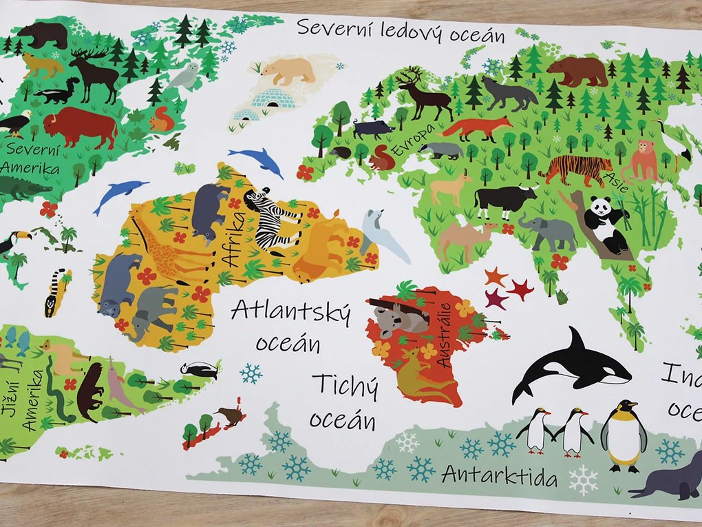 Mapa světa se zvířátky textilní přelepitelné samolepky na zeď 75 x 59 cm
