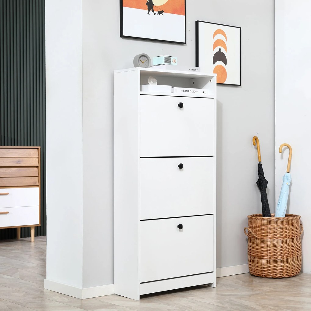 HOMCOM Botník s 3 sklápěcími přihrádkami (18 párů bot) a 1 úložnou policí z dřevotřísky, bílý, 60x24x132cm