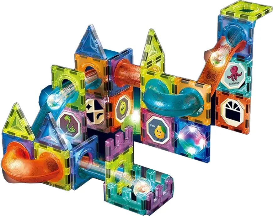 LEAN Toys Skluzavka na kuličky, osvětlená dráha, magnetické kostky, 75 dílů