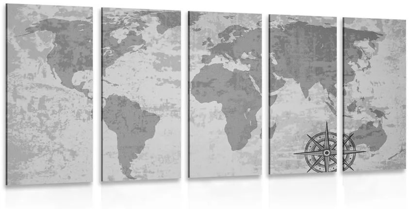 5-dílný obraz stará mapa světa s kompasem v černobílém provedení