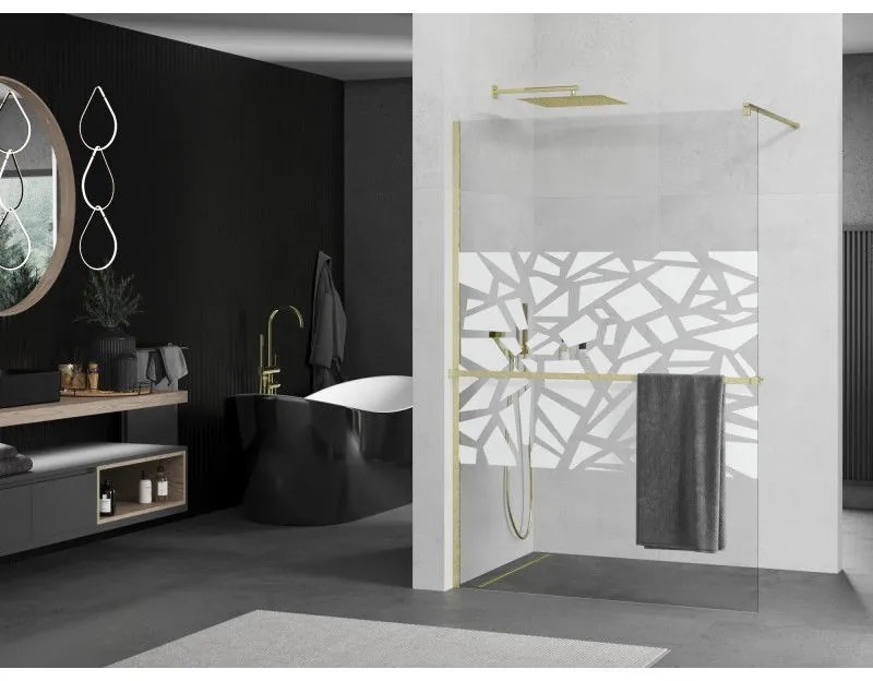 Mexen Kioto+, sprchová zástěna Walk-In s poličkou a věšákem 110 x 200 cm, 8mm čiré sklo bílý vzor, zlatý matný profil, 800-110-121-55-85