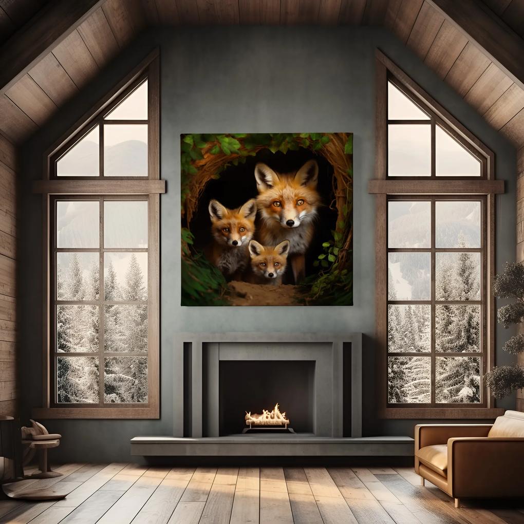 Obraz na plátně - V liščí noře, liška s liščaty FeelHappy.cz Velikost obrazu: 120 x 120 cm