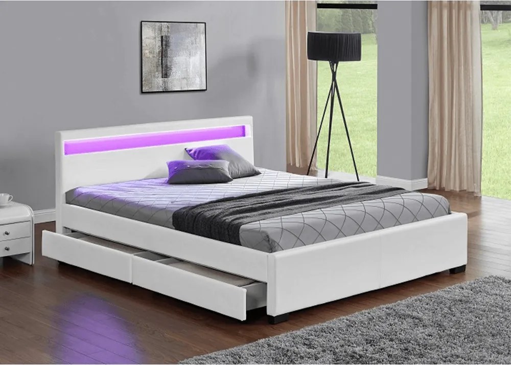 Manželská postel s úložným prostorem, RGB LED osvětlení, bílá ekokůže, 160x200, CLARETA