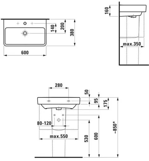 Laufen Pro S Kompaktní umyvadlo 60 x 38 cm bez přepadu, bílá H8189590001561