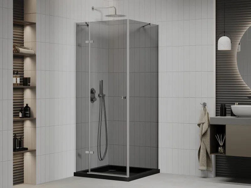 Mexen Roma, sprchový kout s křídlovými dveřmi 90 (dveře) x 90 (stěna) cm, 6mm šedé sklo, chromový profil + slim sprchová vanička černá + chromový sifon, 854-090-090-01-40-4070