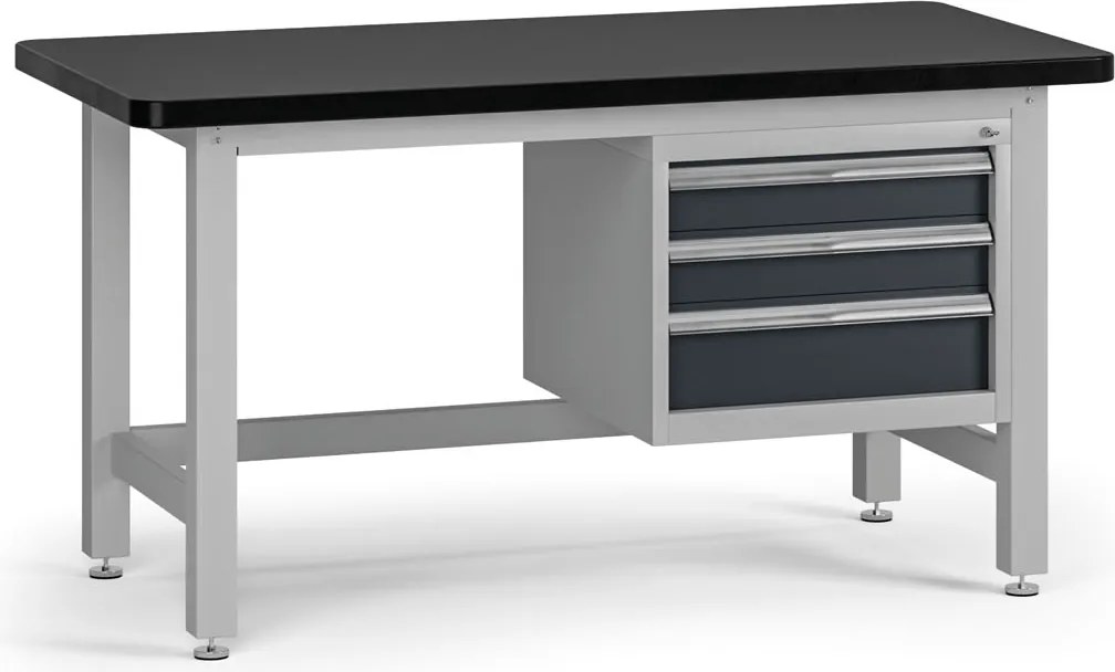 Profesionální dílenský stůl G4, 3 zásuvky, deska MDF + PVC, 1500 x 750 x 800 mm, grafit