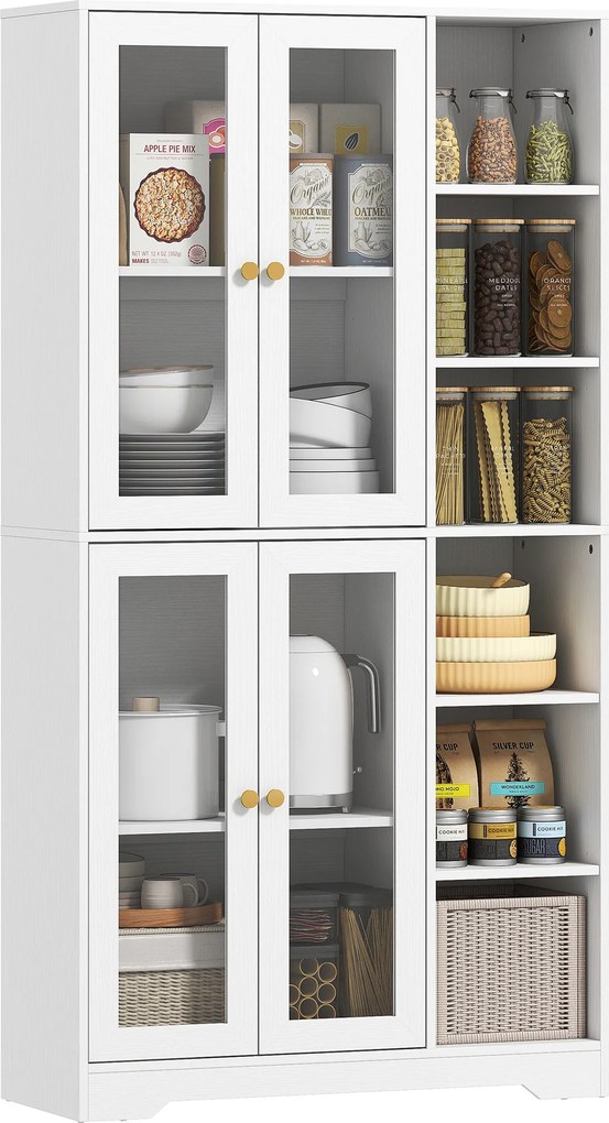 HOMCOM vysoký kuchyňský bufet, vitrínová skříňka se 4 dveřmi ze tvrzeného skla Soft-Close, 90x35x172 cm, bílá