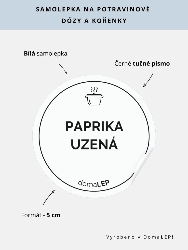 Samolepka na kořenky PAPRIKA UZENÁ bílá 5 cm tučné písmo