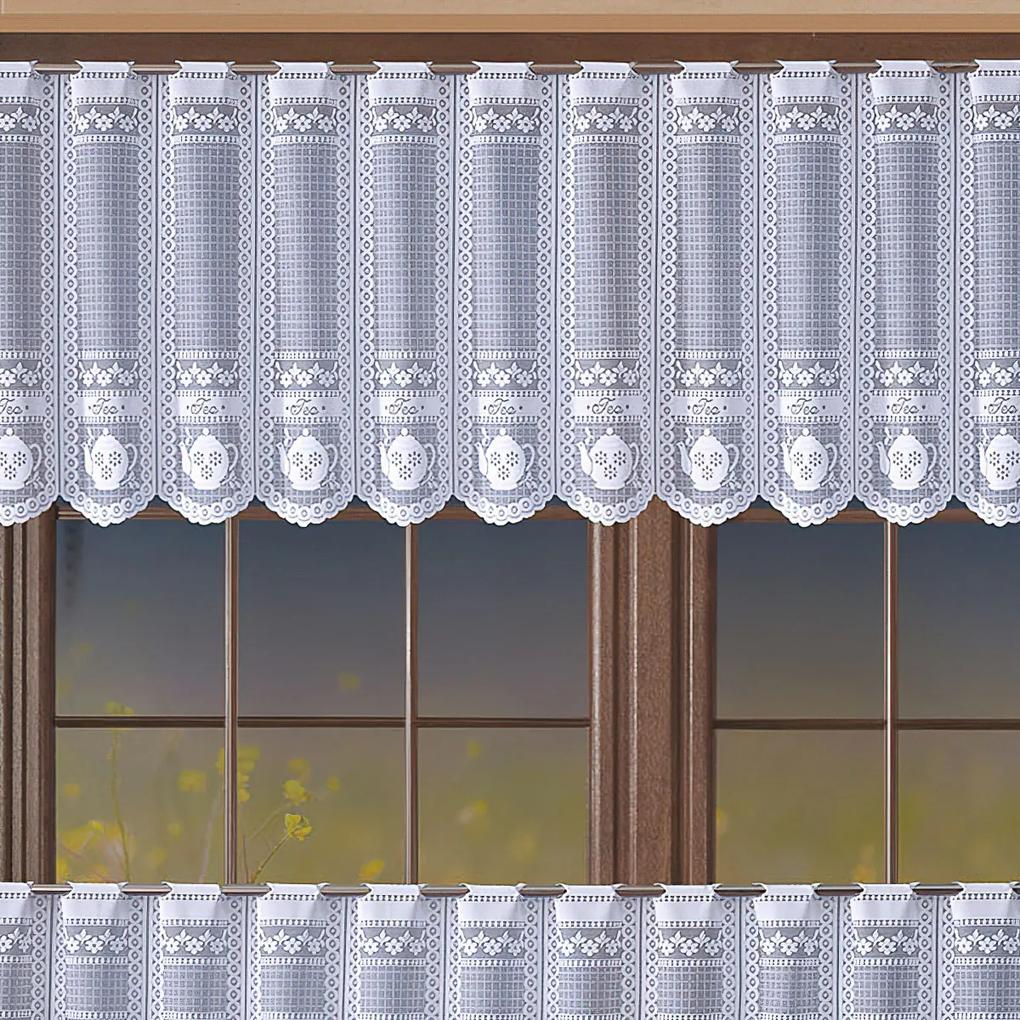 Berk žakárová vitrážová záclona KUCHYŃKA 2329, čajové konvičky s bordurou, bílá, výška 60cm (v metráži)