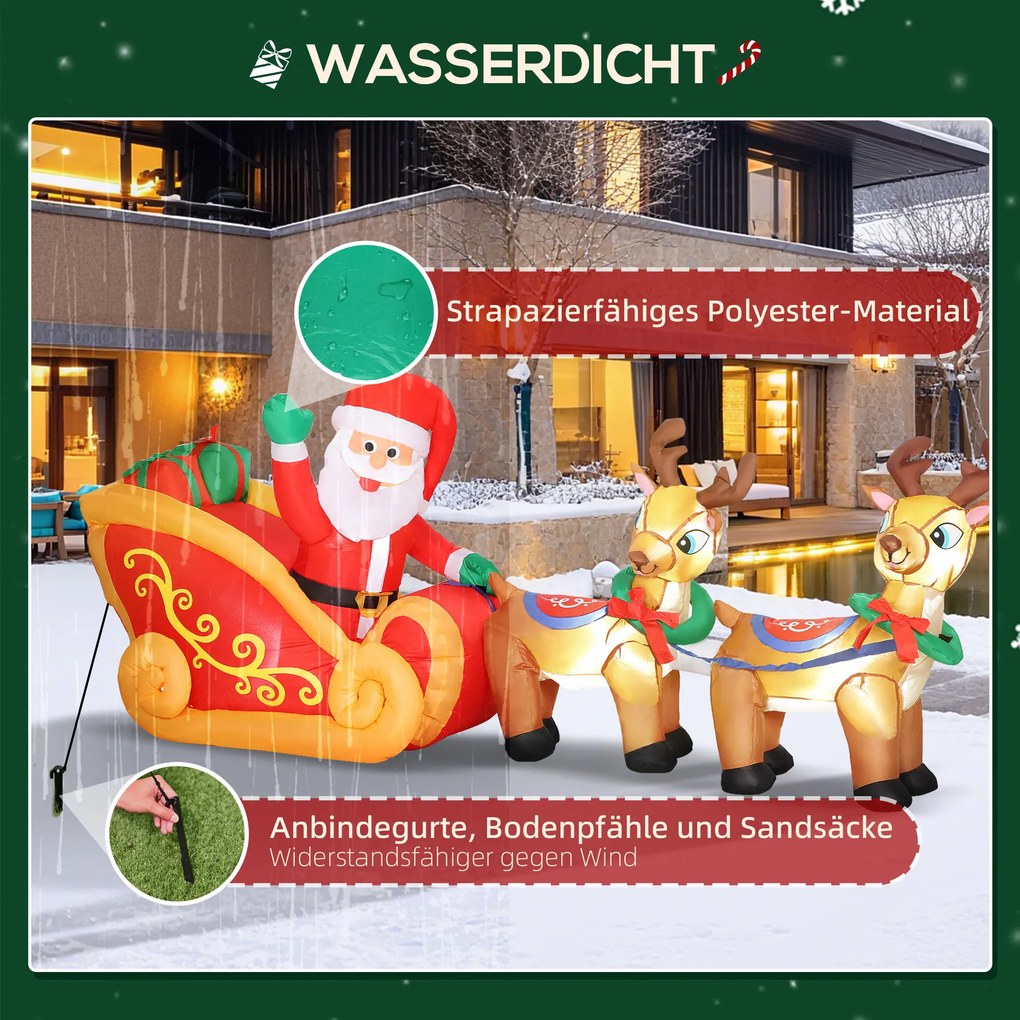 Outsunny Nafukovací vánoční dekorace, Santa Claus v saních tažených soby, polyester