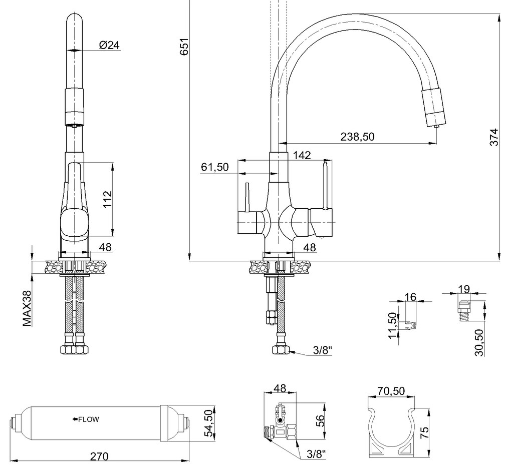 Invena Magic, stojánková dřezová baterie s flexibilním ramenem a filtrem na pitnou vodu, černá-zlatá lesklá, INV-BZ-08-F09-V