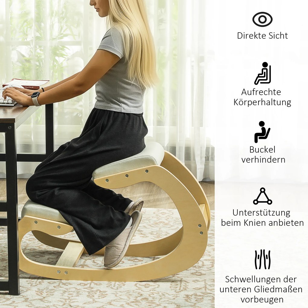 HOMCOM Křeslo na kolenou s houpacím mechanismem, ergonomické křeslo v lněné tkanině a břízovém dřevě, 55x85x55 cm, krémová