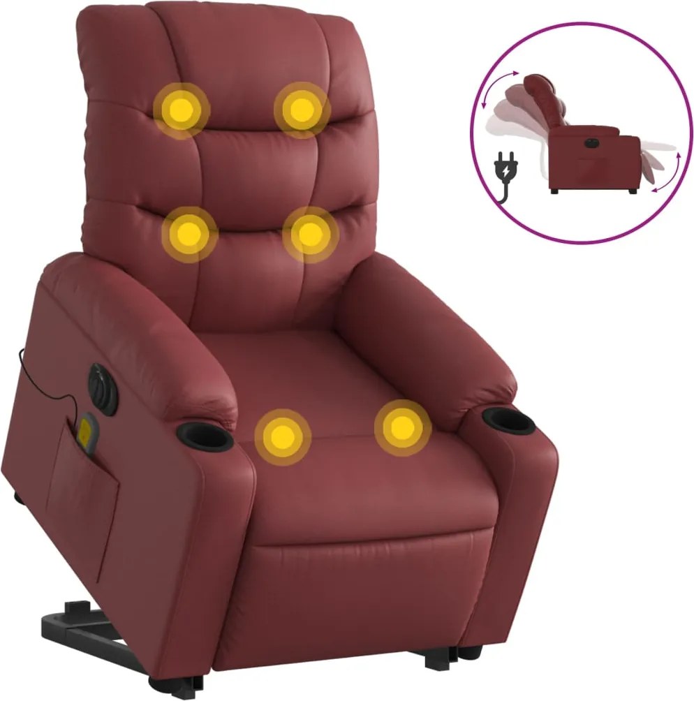 Elektrické zvedací masážní polohovací křeslo vínové umělá kůže 3206624