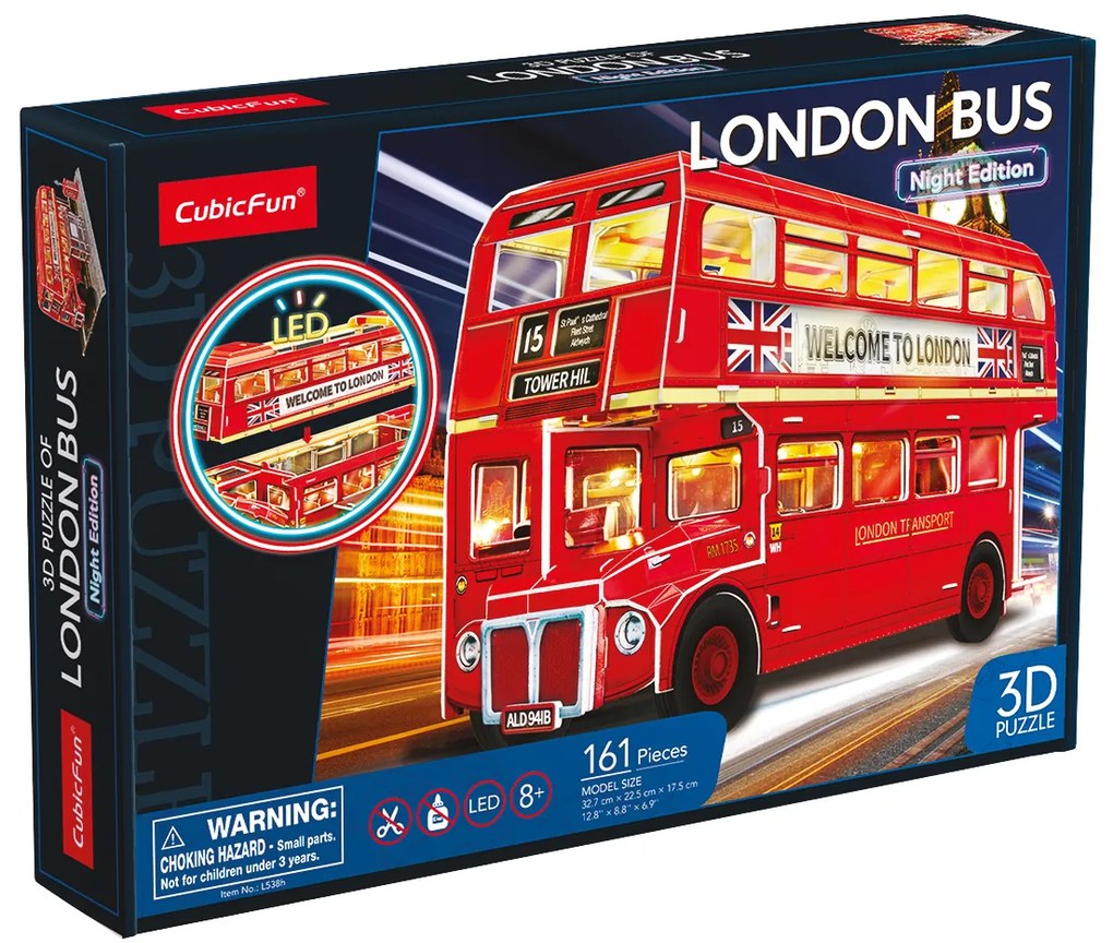 CubicFun - Puzzle 3D s LED Noční edice: Londýnský autobus 161 dílků