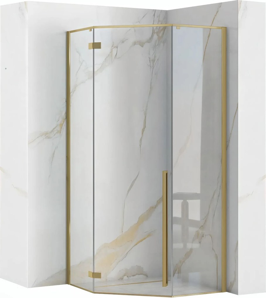 Rea Diamond, 5-úhelníkový sprchový kout 90x90, 6mm čiré sklo, zlatý matný profil + černá sprchová vanička, KPL-K6507