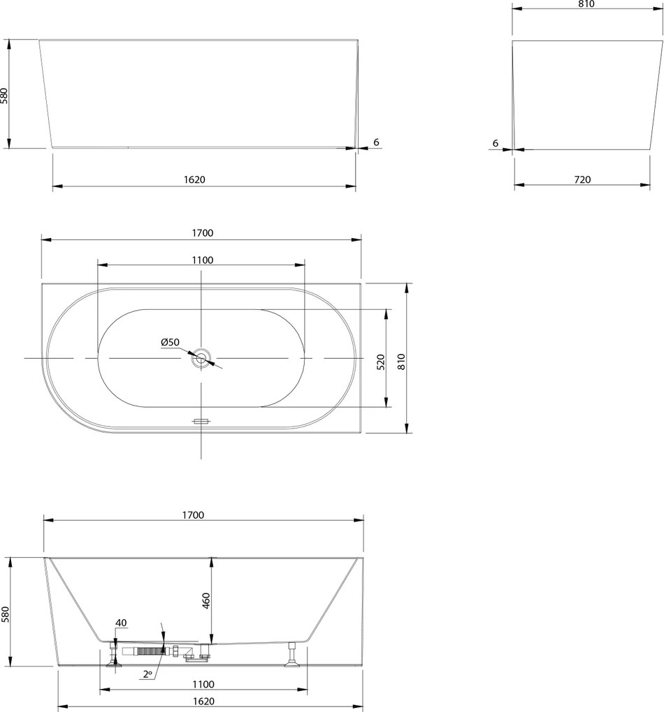 Aqualine TIBERA R 170 x 80 cm E1015 volně stojící vana