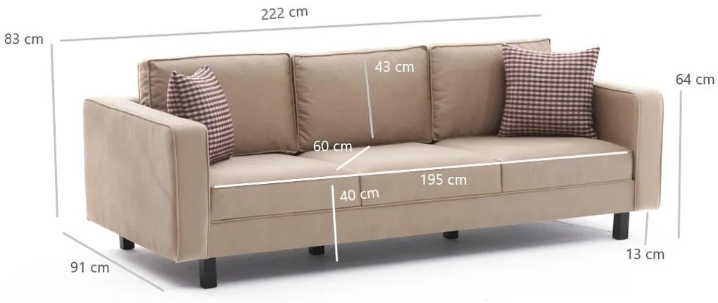 Hanah Home Sametová pohovka KALE krémová 222 cm 825BLC2726
