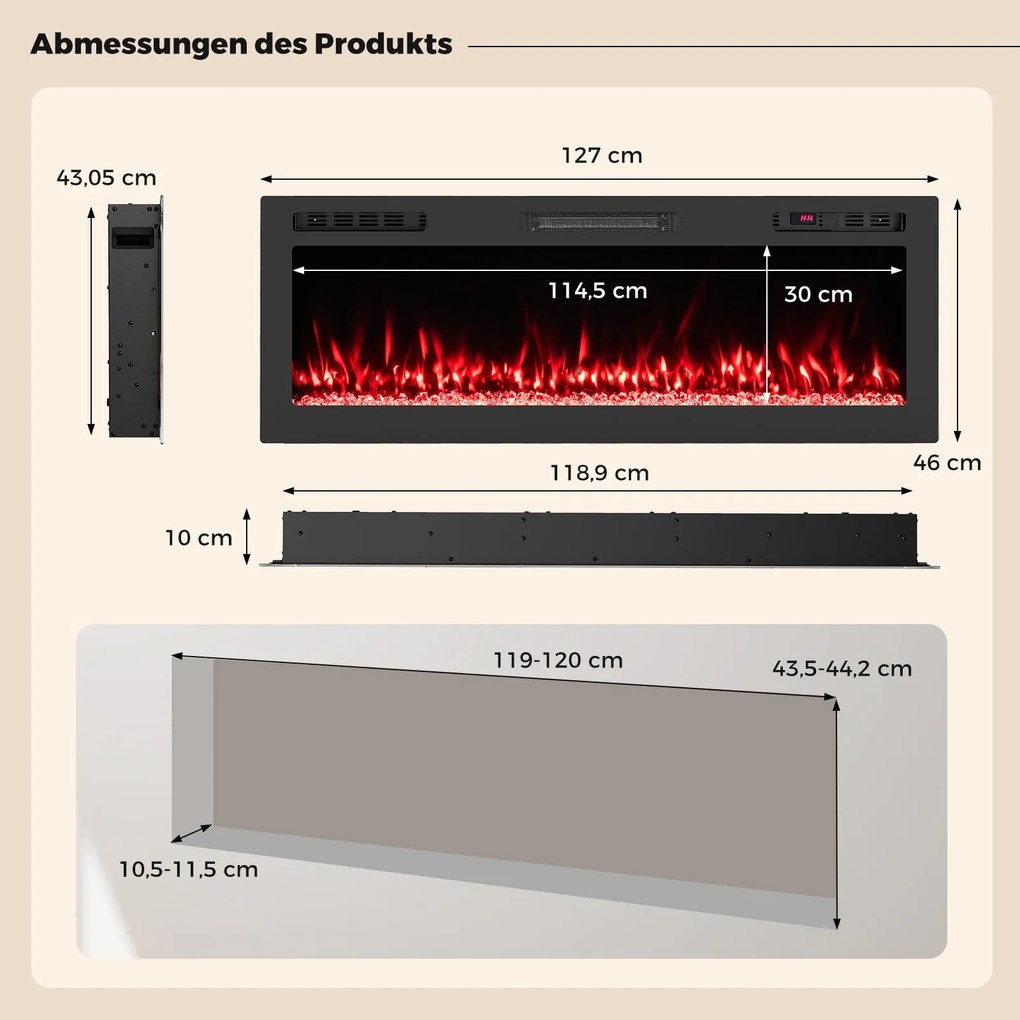 Costway 50" elektrický krb s vytápěním 750 W/1500 W vestavný krb s dálkovým