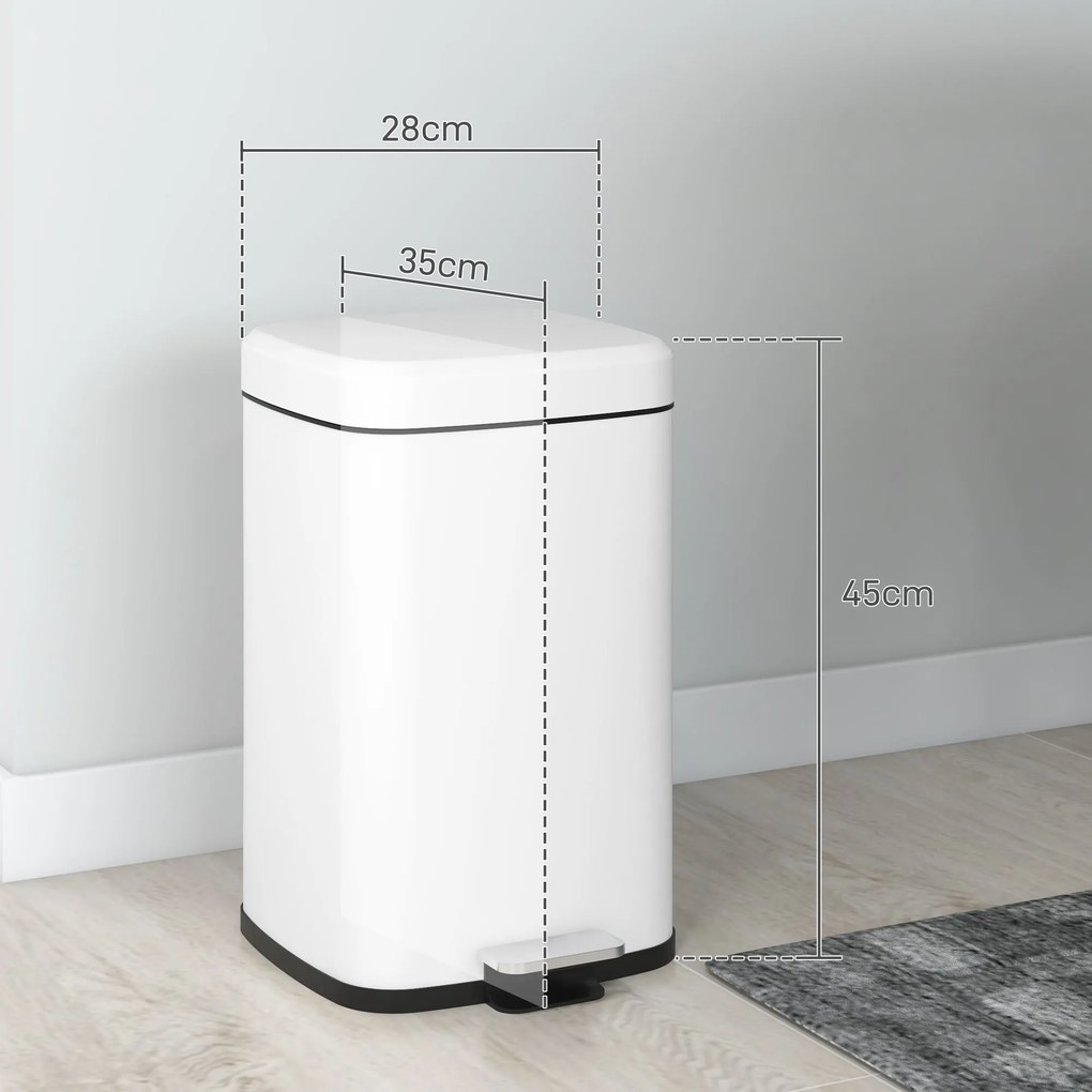 HOMCOM 20L Pěnový Odpadkový Koš z Nerezové Oceli s Tichým Víkem, Kompaktní, Odnímatelný Vnitřní Kbelík, 28L x 35Š x 45V cm, Bílý