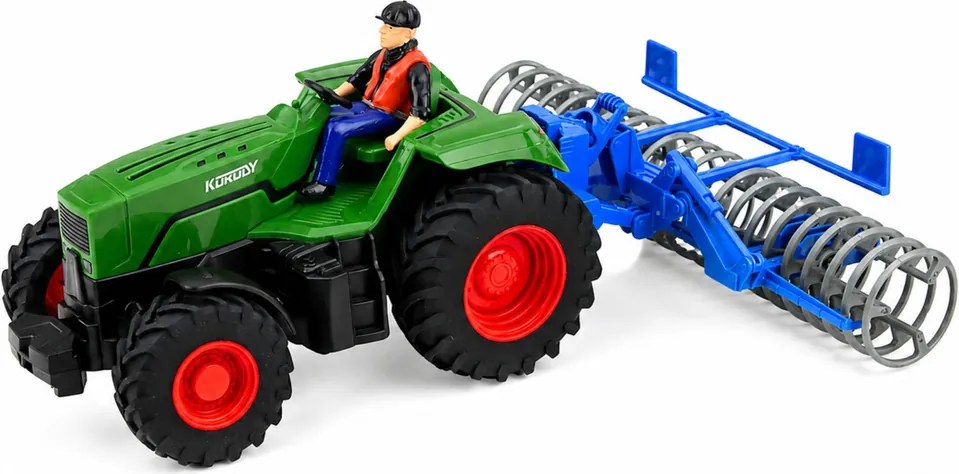 LEAN Toys Traktor se zemědělským válcem a zemědělcem, dálkově ovládaný RC, zelený, měřítko 1:24