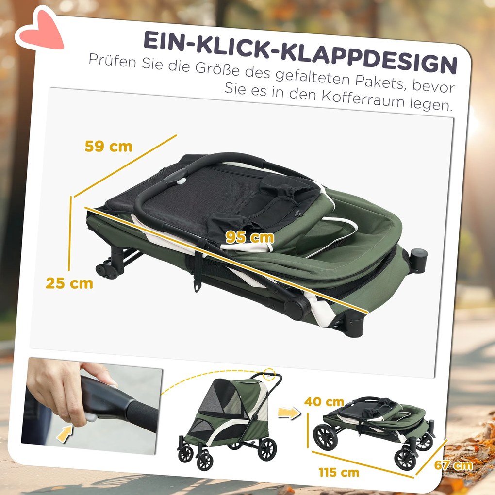 Kočárek pro psy, skládací kočárek pro velké psy, kočárek pro domácí mazlíčky se 4 koly, bezpečnostní vodítka, brzdy, tmavě zelený