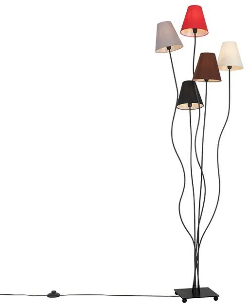 Designová stojací lampa černá s odstíny látky 5-light - Melis