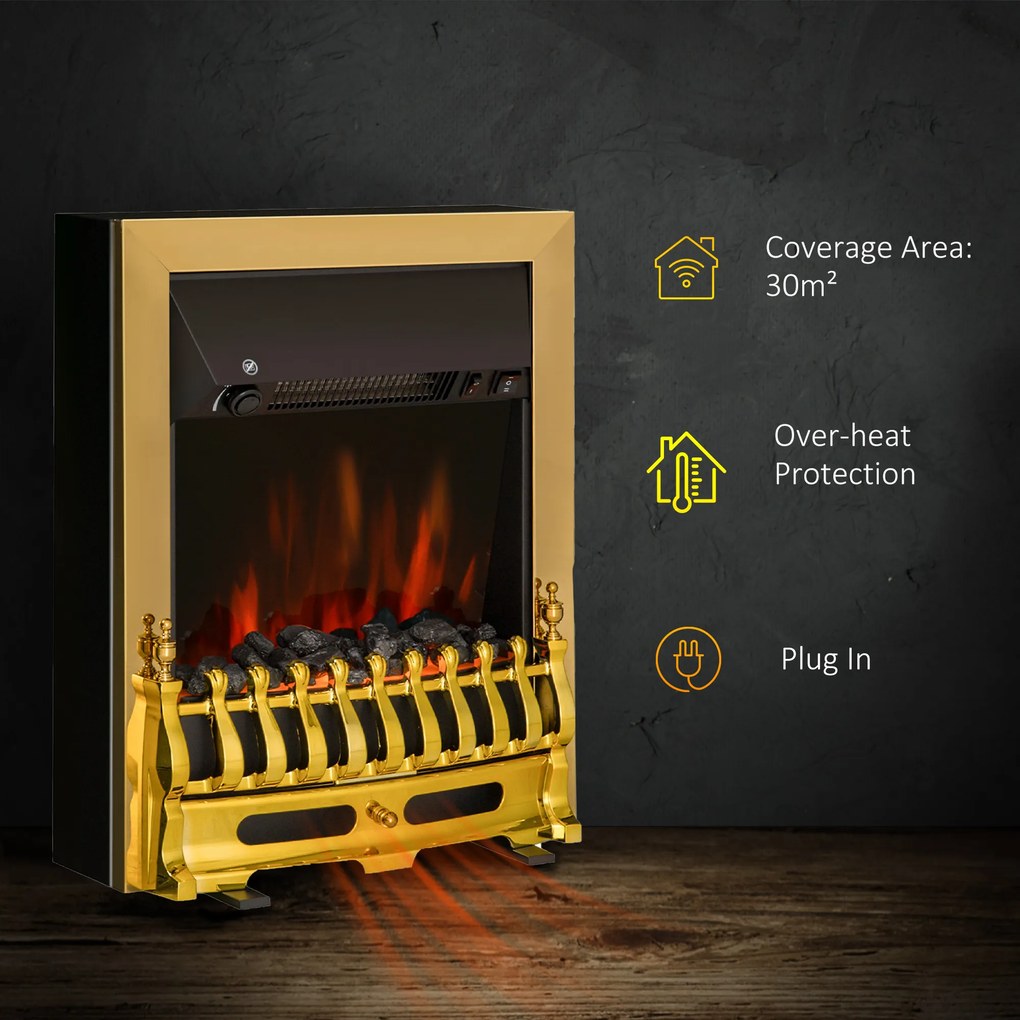 Elektrický krb HOMCOM Stojanový krb s efektem plamene 1000/2000W 48,2 x 18,5 x 59,2 cm ve zlaté barvě pro příjemné večery |