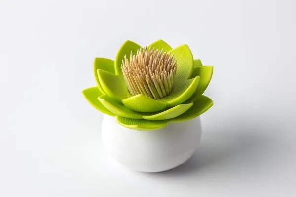 Stojánek na párátka  QUALY Lotus Toothpick Holder, bílý-zelený