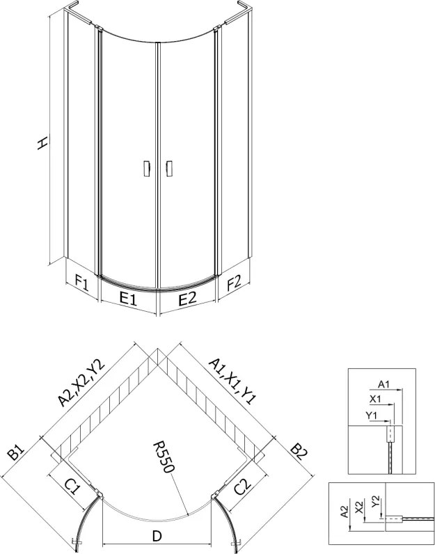 Mexen Mist L, čtvrtkruhový sprchový kout s 2-křídlými dveřmi, 100 x 100 cm, 8mm čiré sklo, zlatý lesklý profil, 8A32L-100-100-50-00