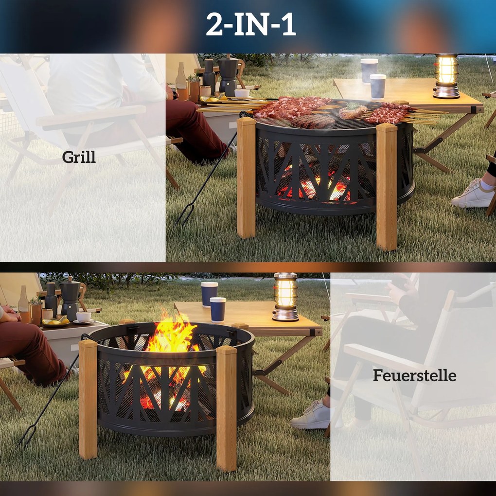 ohniště 2 v 1 Ø75 x 58 cm Ohniště s ochranou proti jiskrám Poker Grilovací rošt černý