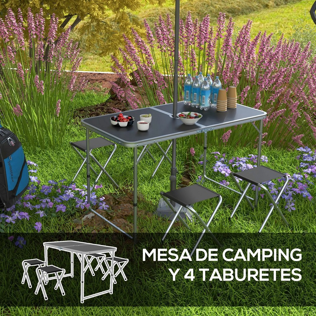Outsunny 5-dílná kempingová sada skládacího stolu s židlemi, včetně 1 výškově nastavitelného stolu s otvorem na slunečník 120x60x55-70 cm a 4 skládac…