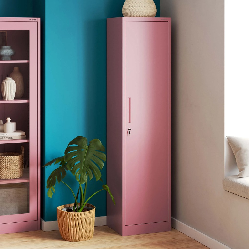 Úzká kovová kancelářská skříň na spisy a dokumenty, pudrově růžová, 450x1850x400 mm: ALEX Fresh Style