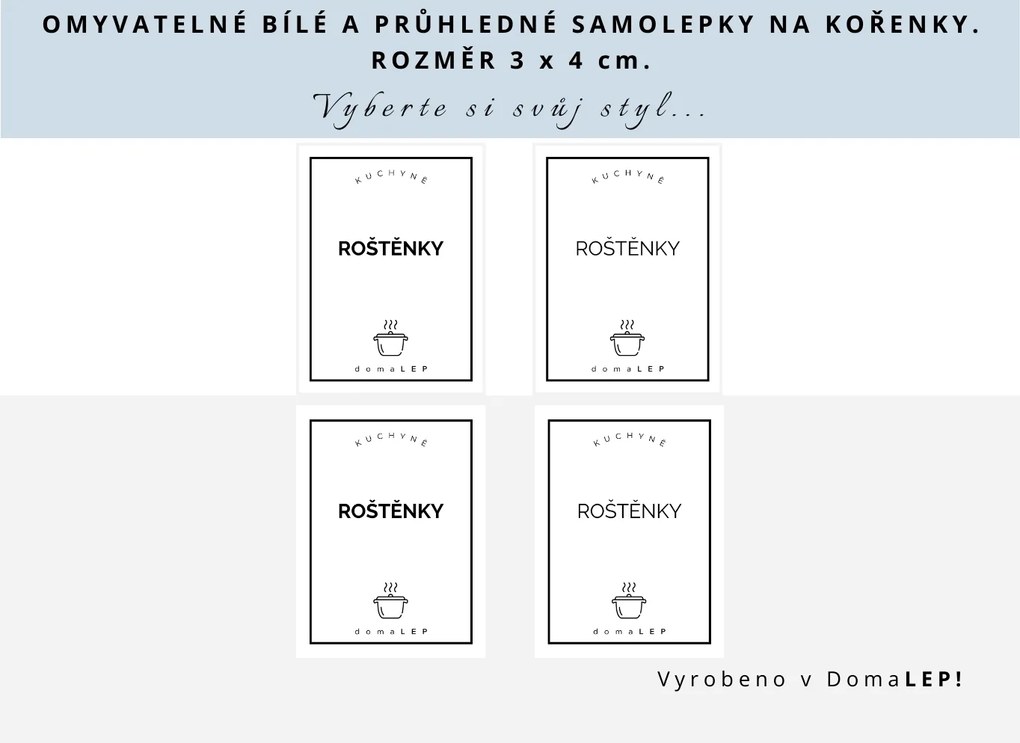 ROŠTĚNKY - Samolepka na kořenky 3 x 4 cm - DomaLEP varianta: PRŮHLEDNÁ - základní písmo