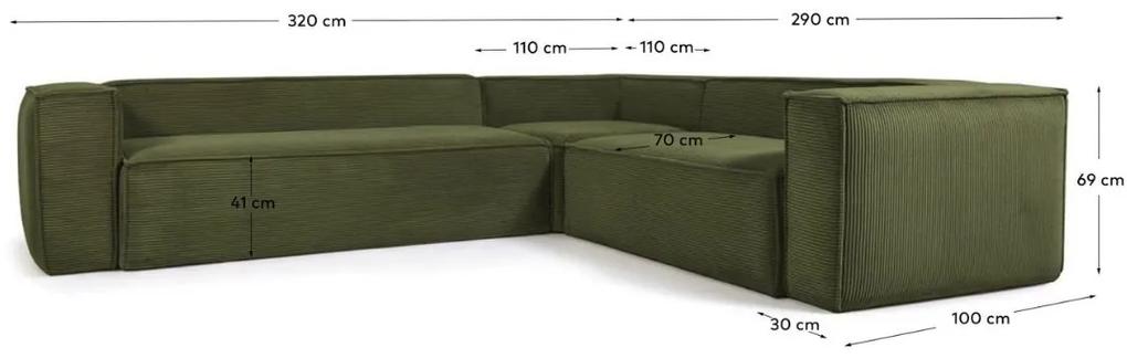Zelená manšestrová rohová pohovka Kave Home Blok II 320 cm, pravá